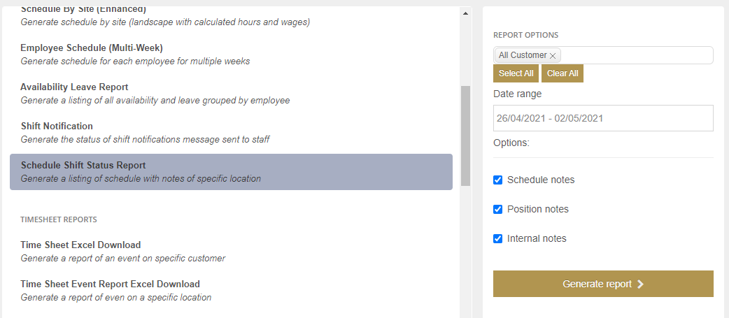 Schedule Shift Status Report